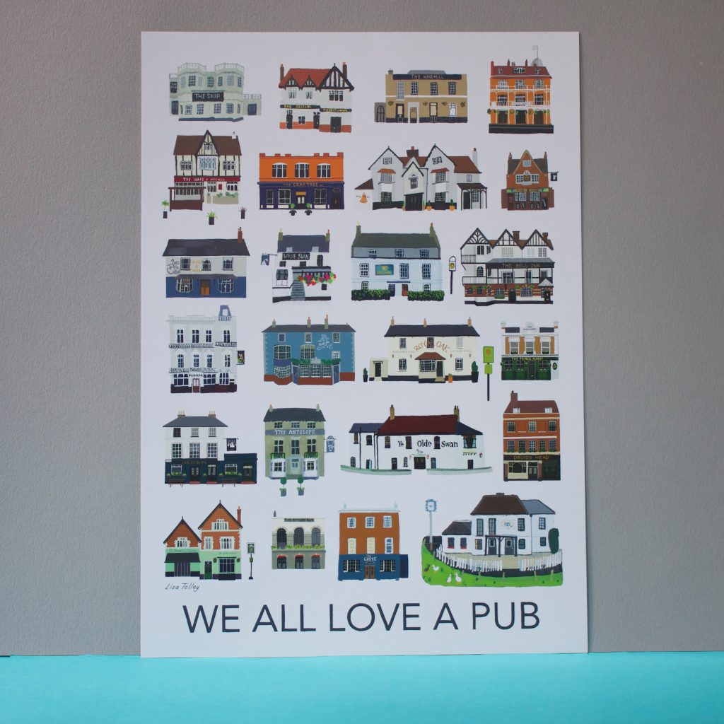 ‘We all love a pub’ A3 Poster | Lisa Tolley Artist and Illustrator